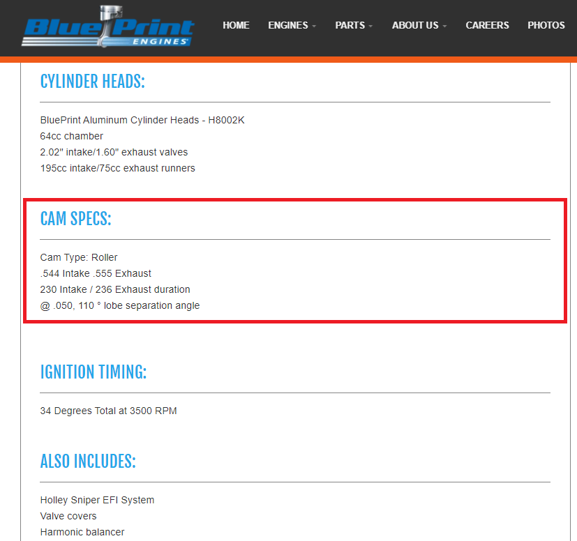 Where are the recommended cam specs for my engine?